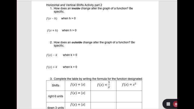 Horizontal and Vertical Shifts Activity Part 2