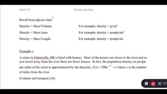 Math 252 8.4 Density and Mass Intro and Eulersville