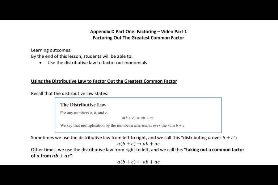 Appendix D Part One Part 1 Video - Factoring out a GCF
