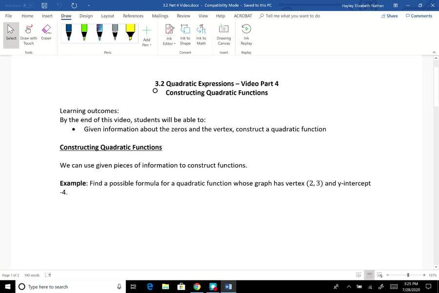 3.2 Part 4 Video - Constructing Quadratic Functions