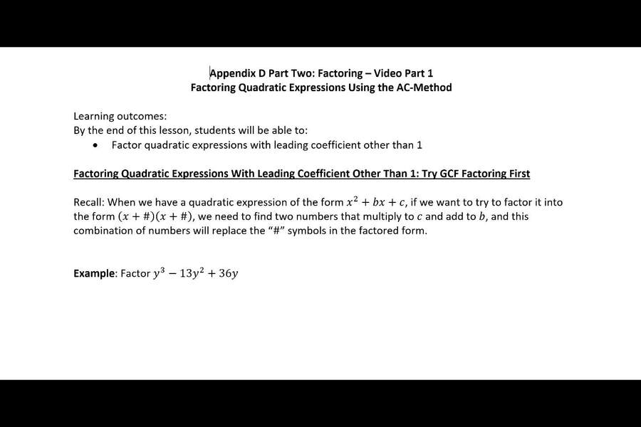 Appendix D Part Two Part 1 Video - Factoring Quadratic Expressions ...