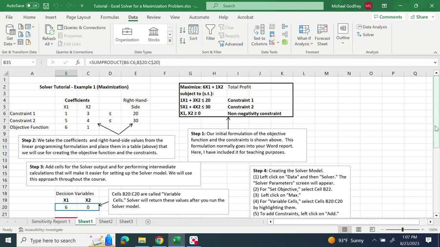 Video - Tutorial - Excel Solver - Maximization Problem